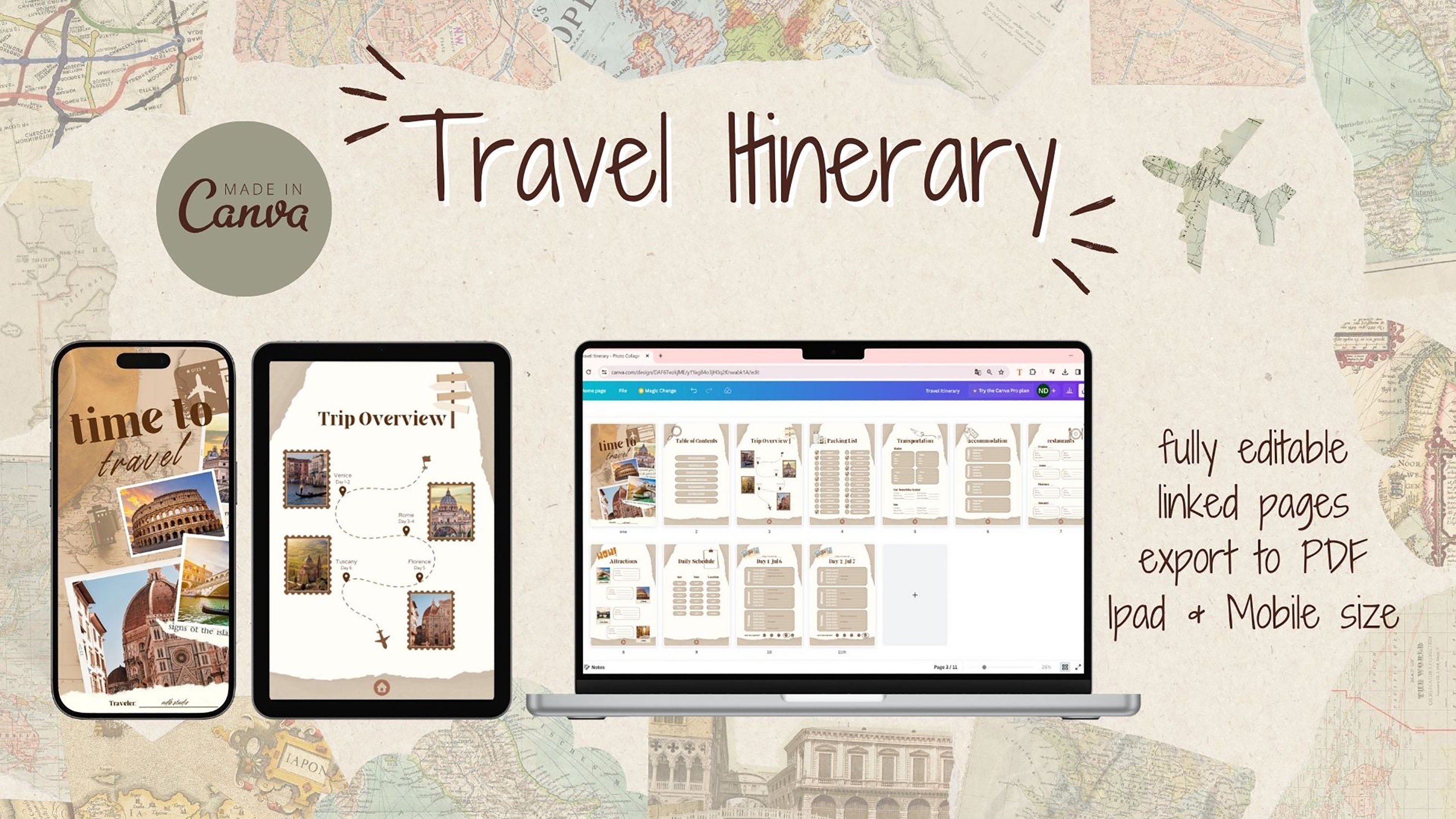 Mobile Travel Itinerary Template Editable in Canva Customizable Travel ...
