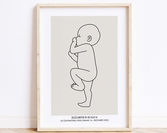 PRINTABLE CUSTOM BIRTH Poster, Newborn Illustration in Scale 1:1, Birth ...