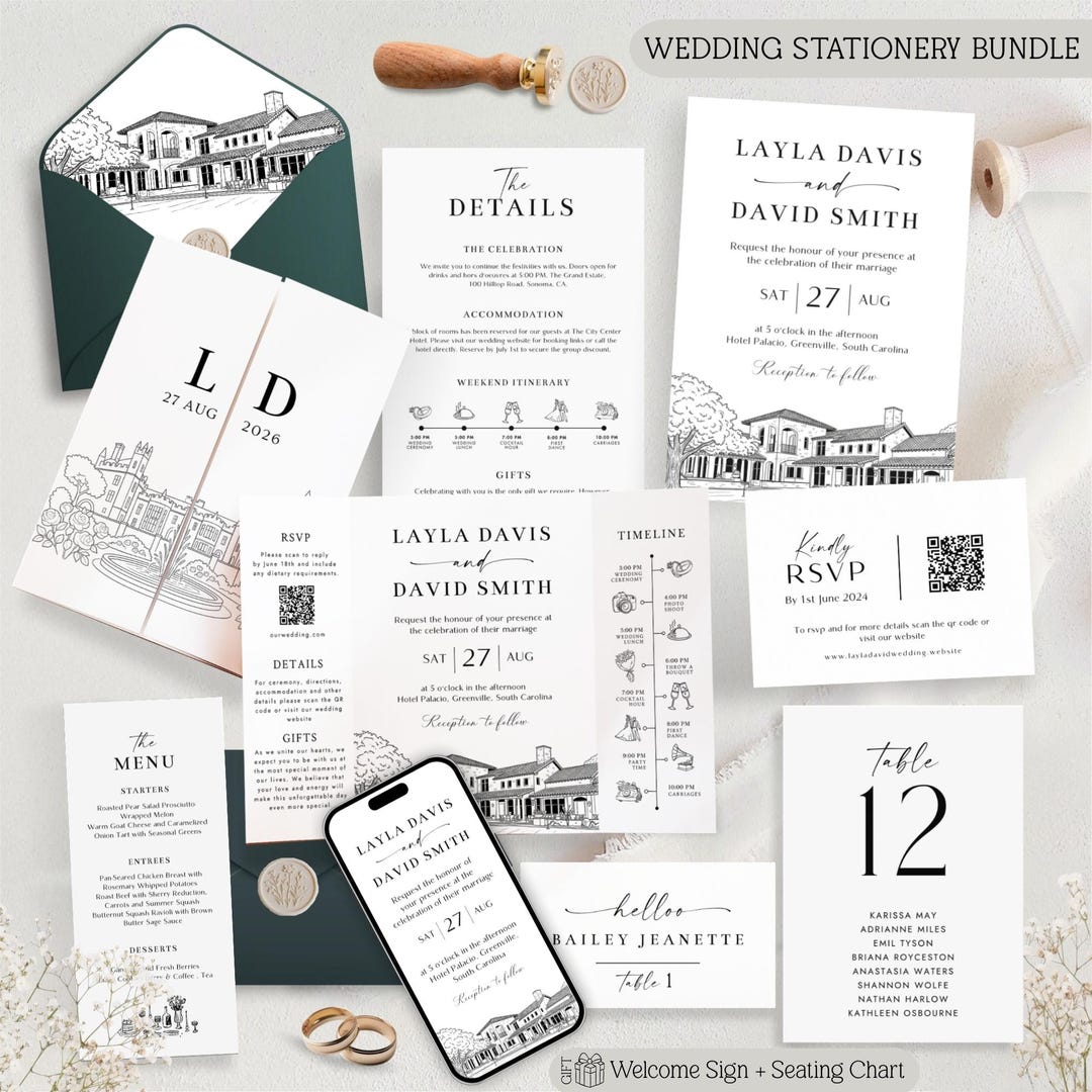 Custom Wedding Venue Lineart Invitation Bundle | Modern Wedding Sketch ...