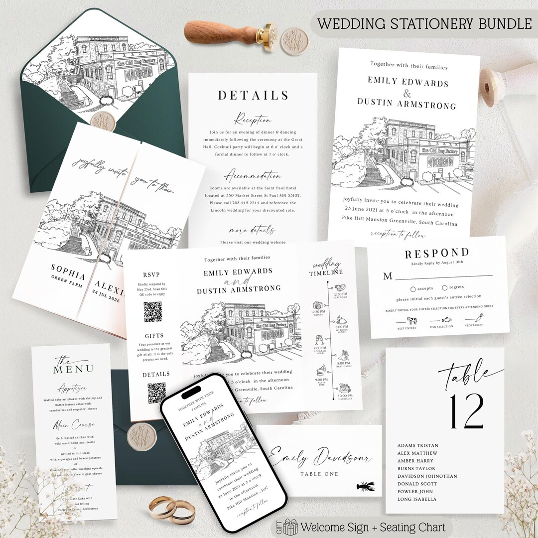 Custom Wedding Venue Lineart Invitation Bundle | Modern Wedding Sketch ...