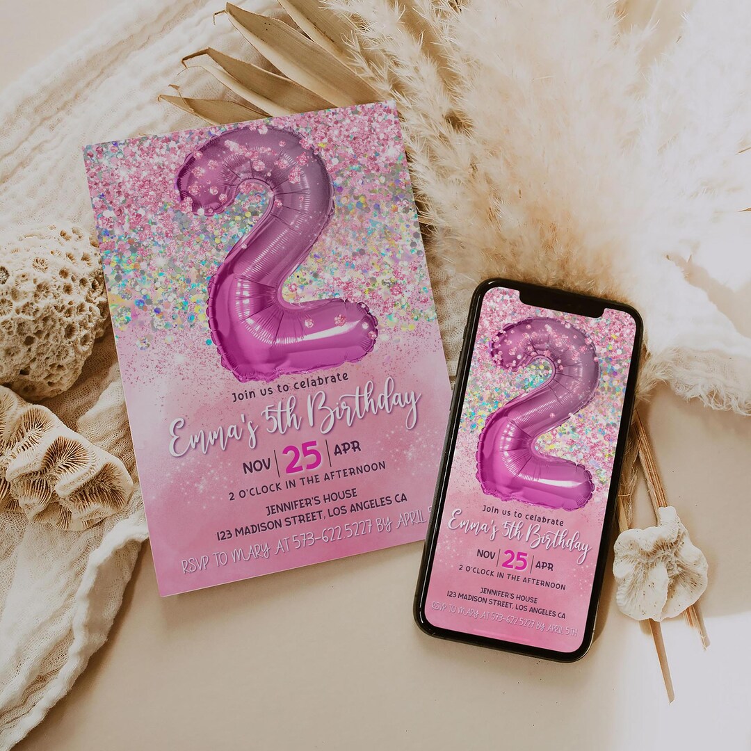 Editable Pink 2th Birthday Invitation Template Glitter Birthday Party ...