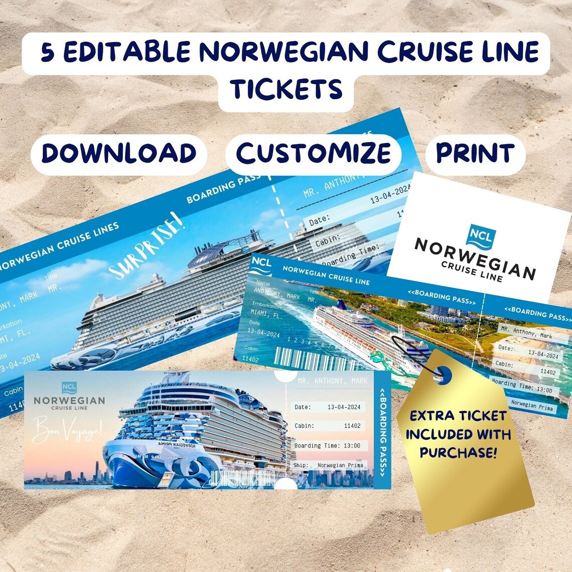 Customizable/ Editable Norwegian Cruise Line Printable Cruise Tickets ...