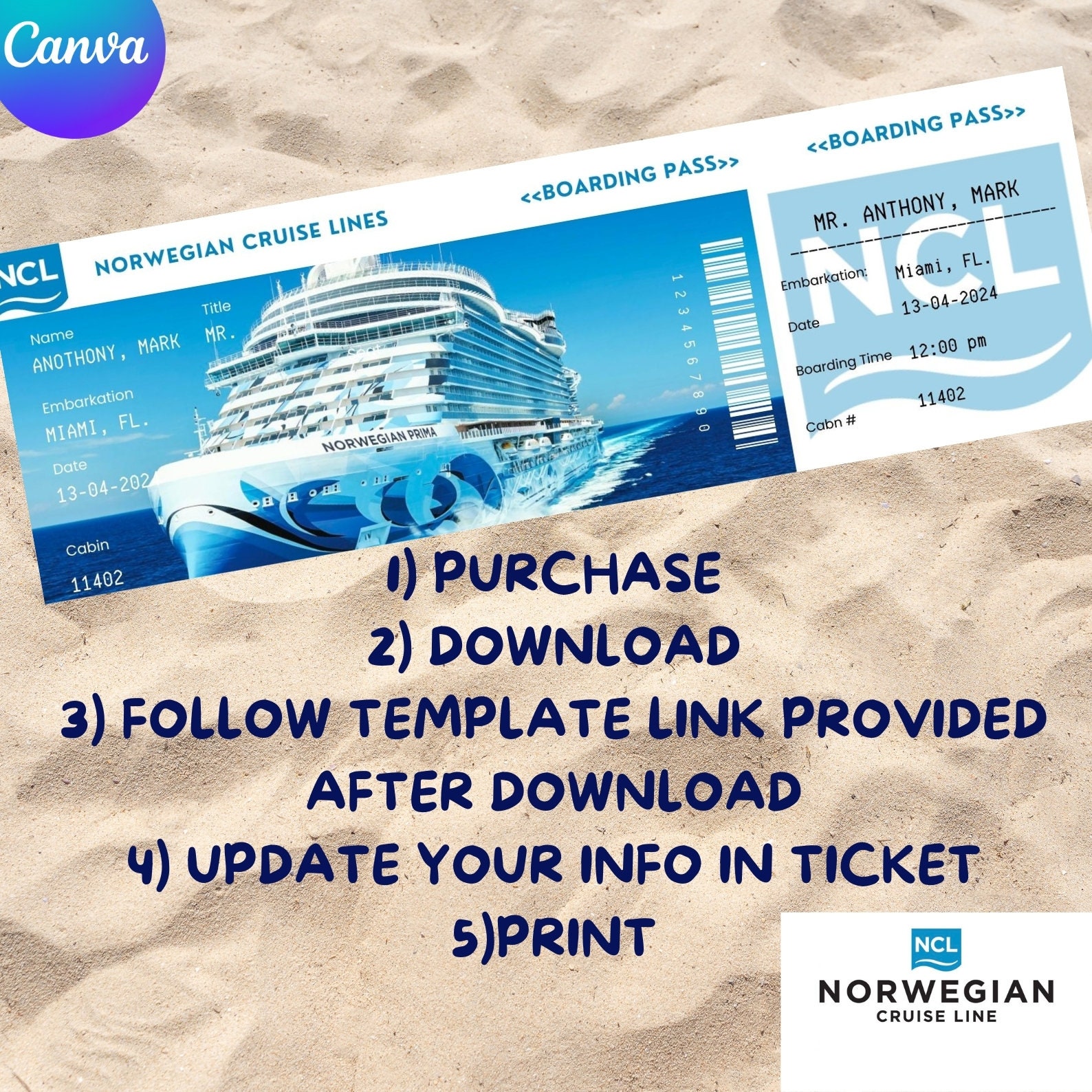 Customizable/ Editable Norwegian Cruise Line Printable Cruise Tickets ...
