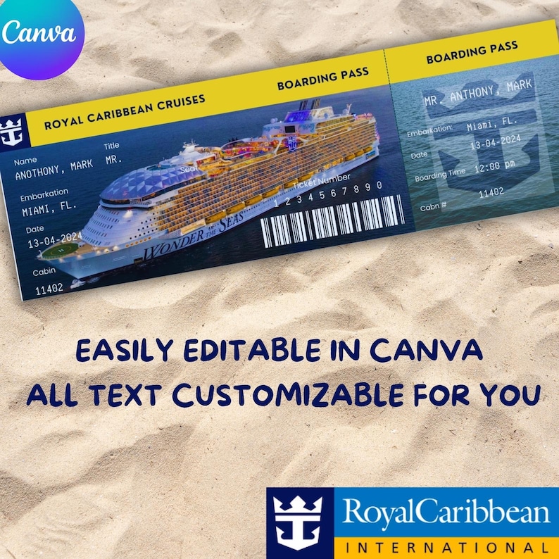 Customizable/ Editable Royal Caribbean Line Printable Cruise Tickets ...