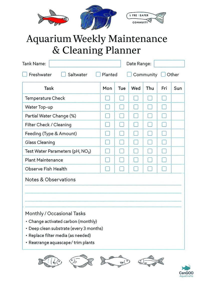 Aquarium Maintenance Planner: Fish Tank Care Tracker (A4 PDF Digital ...