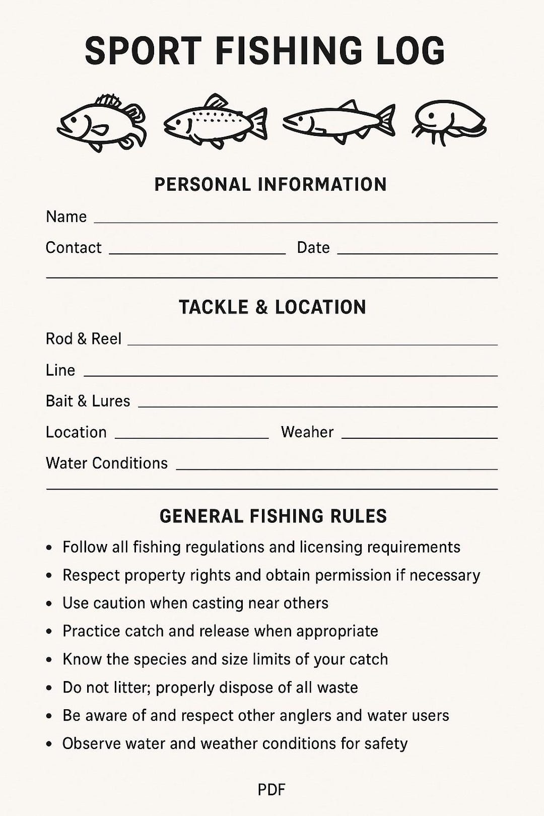 Printable Sport Fishing Log Book | A4 Fishing Journal PDF | Tackle ...