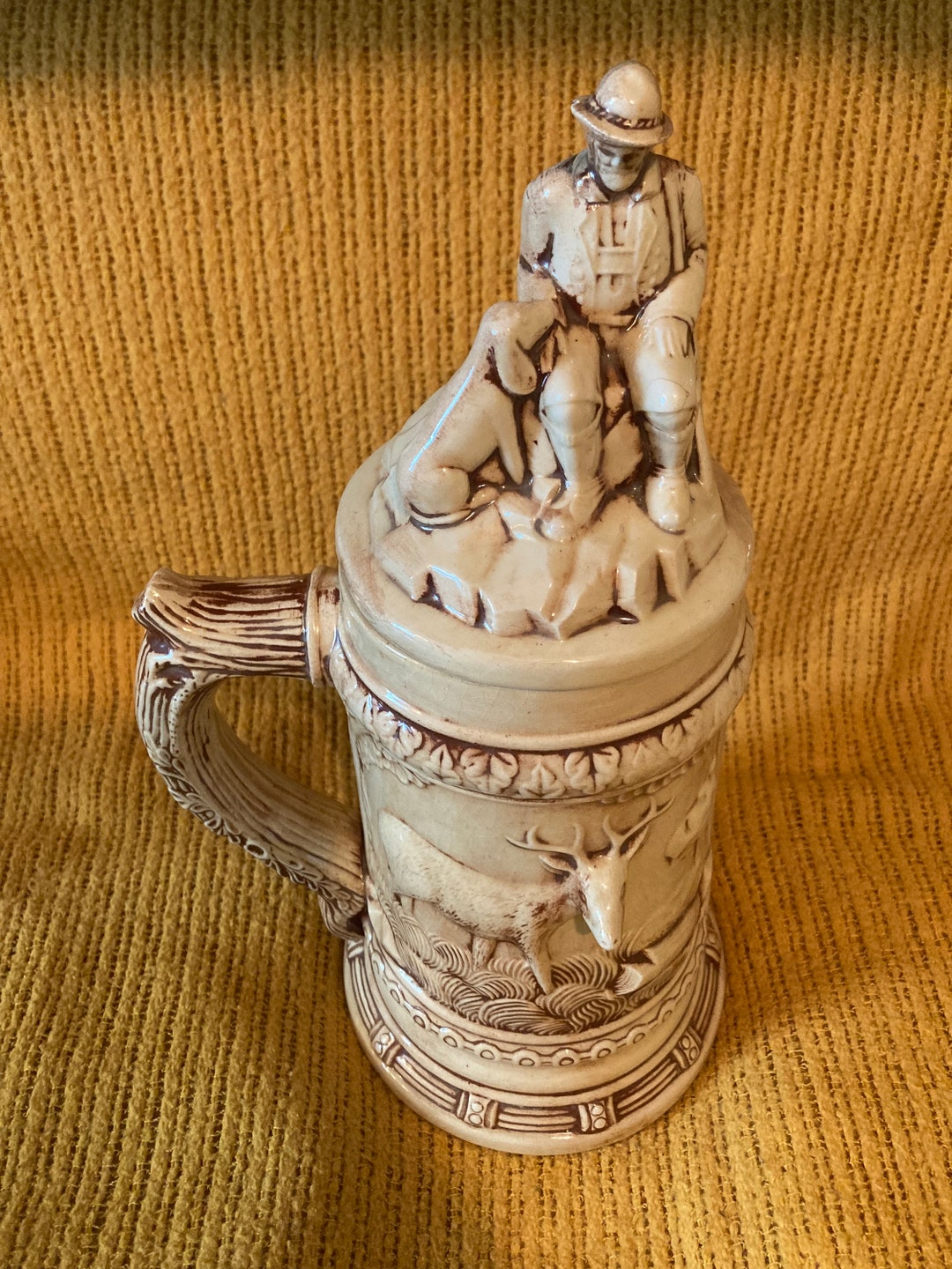 3D Lidded Beer Stein With Handle, Woodsman, Dog, Deer, Rustic, Vintage ...