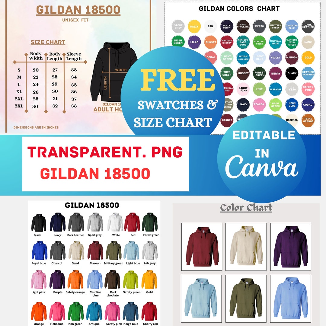 Gildan 18500 Mockup Bundle | Canva Editable Color Chart, PNG, Size ...