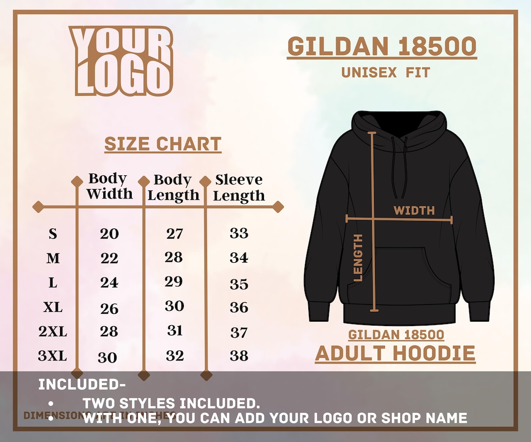 Gildan 18500 Size Chart, 18500 Hoodie Mockup, Unisex Size Chart, Gildan ...