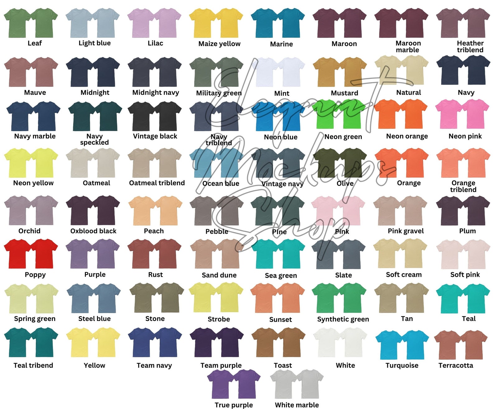 T-shirt Mockup Color Chart, Front & Back, PNG (digital Download) - Etsy