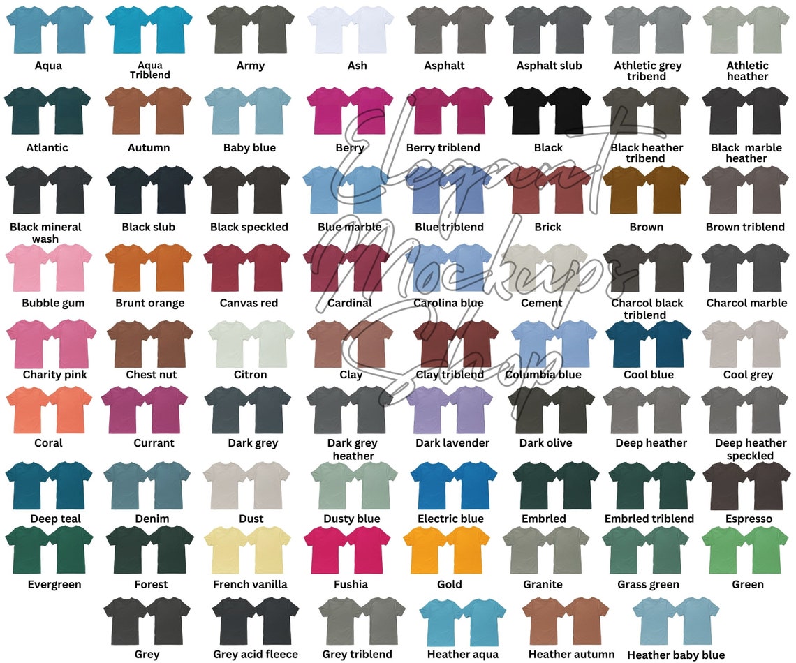 T-shirt Mockup Color Chart, Front & Back, PNG (digital Download) - Etsy