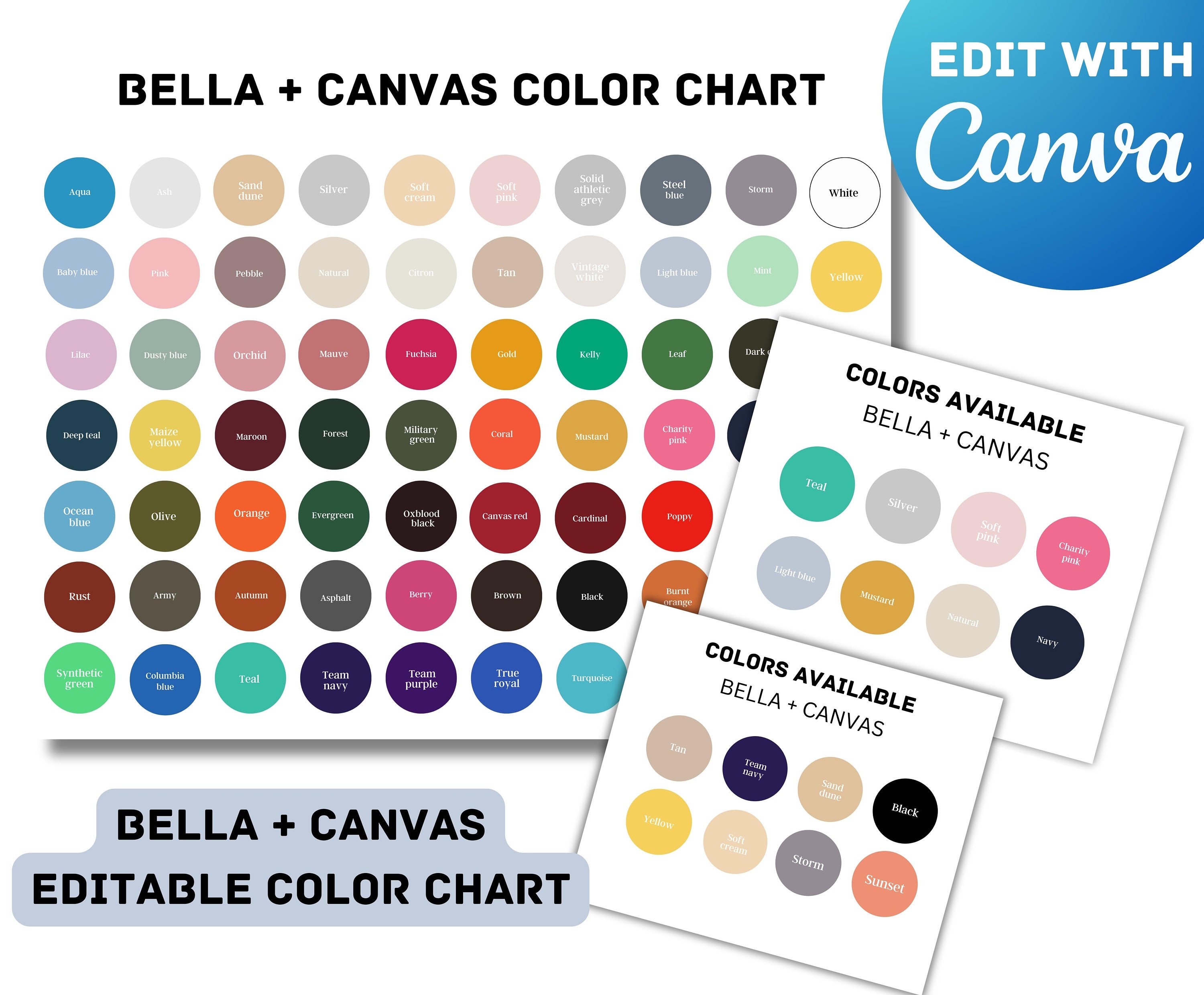Editable Bella + Canvas Color Chart, Bella Canvas 3001 Color Chart ...