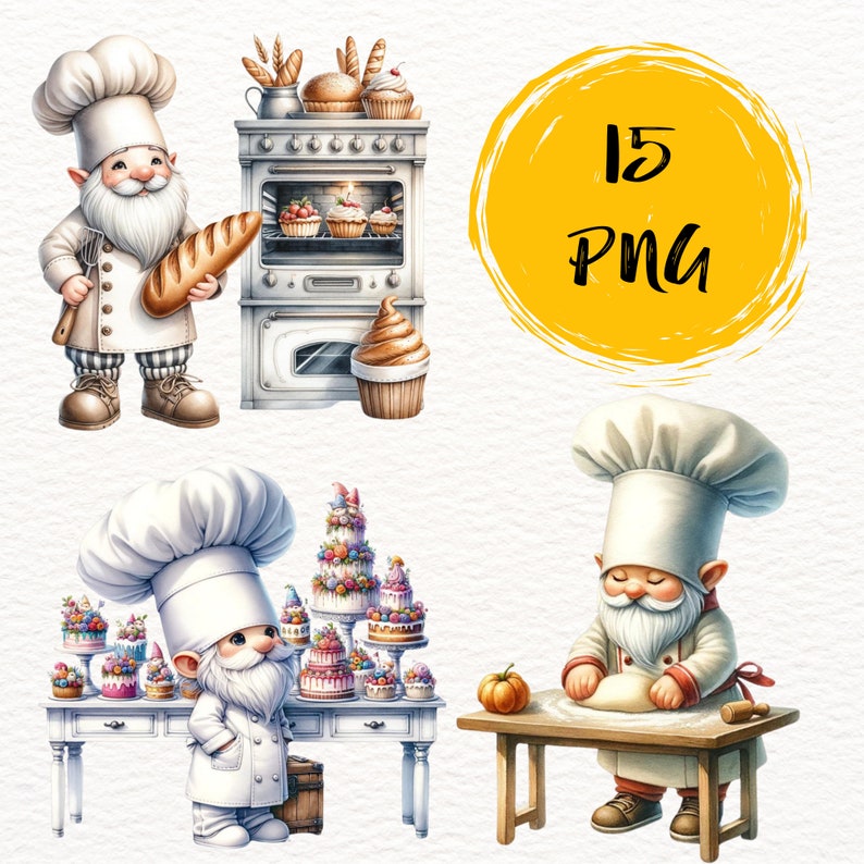 Watercolor Baker Gnomes Clipart, Cute Gnome Clipart ,cute Bakery ,15 ...