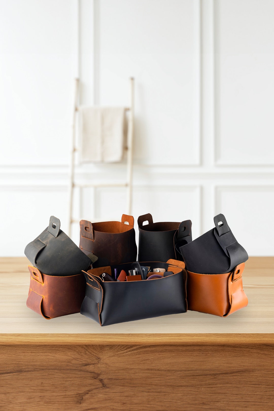 Distressed Leather Storage Bin, Handmade Storage Basket, Home Decor ...