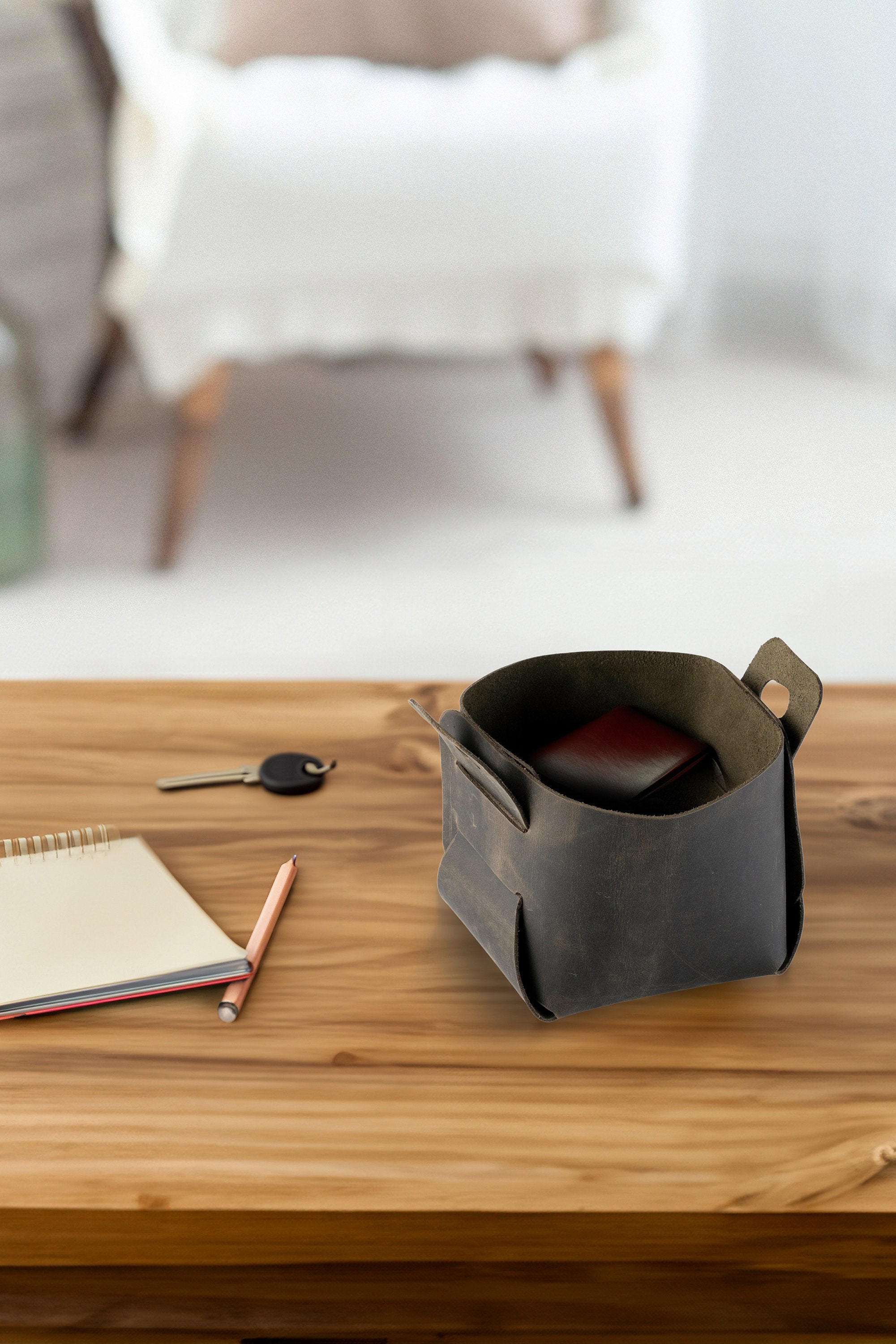 Distressed Leather Storage Bin, Handmade Storage Basket, Home Decor ...