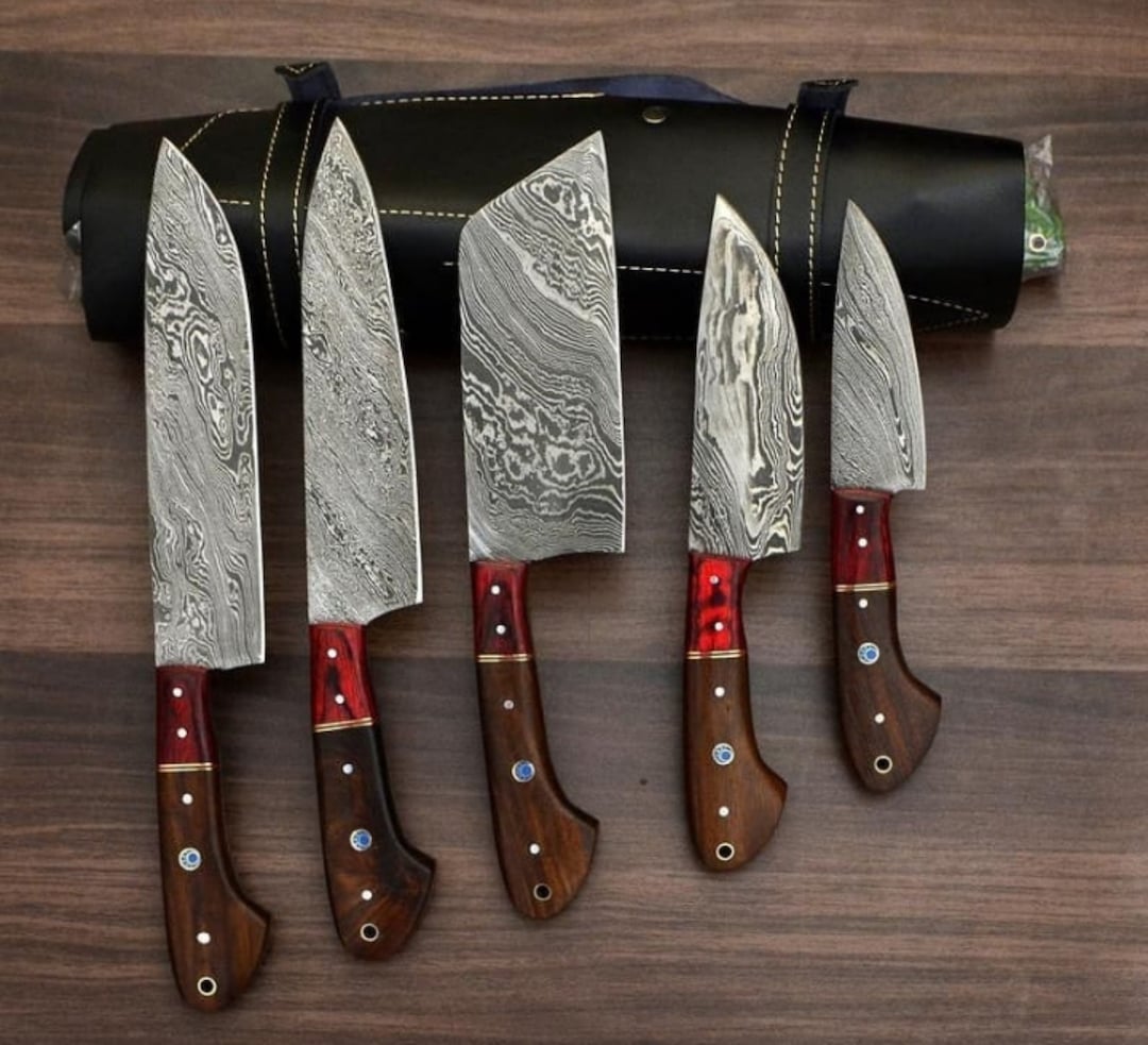 Handcrafted Damascus 5-piece Knives Set With Cow Leather - Etsy