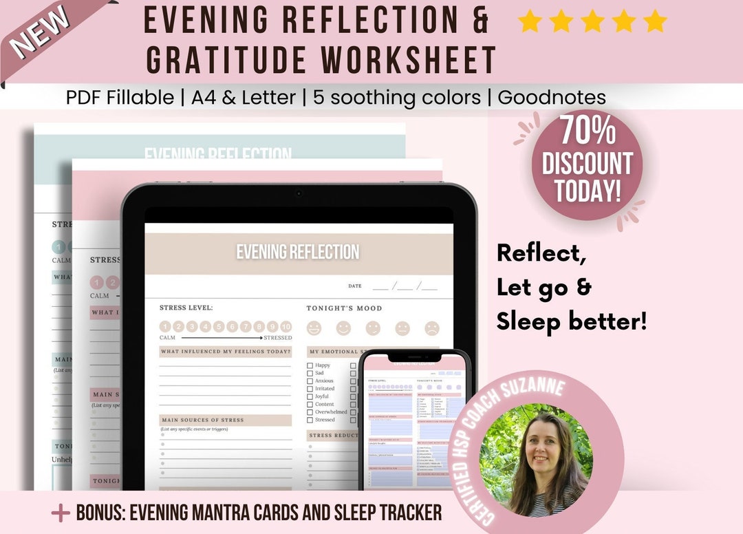 Evening Reflection and Gratitude Worksheet, Sleep Improvement Planner ...