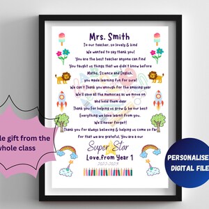 Thank You Teacher Appreciation Personalised Printable End of Year ...