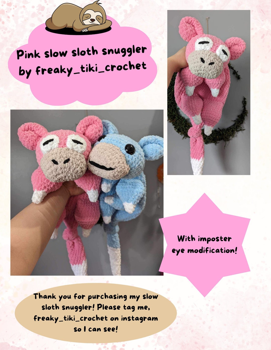 Pink Slow Sloth Snuggler Pattern, Amigurumi Pattern, Crochet Pattern - Etsy