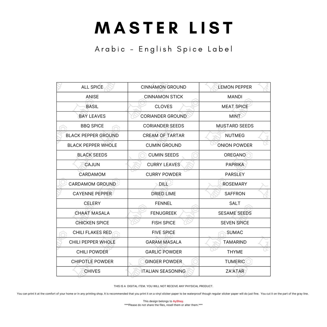 Arabic English Spice and Herb Labels 60 1.5x1.5 - Etsy Canada