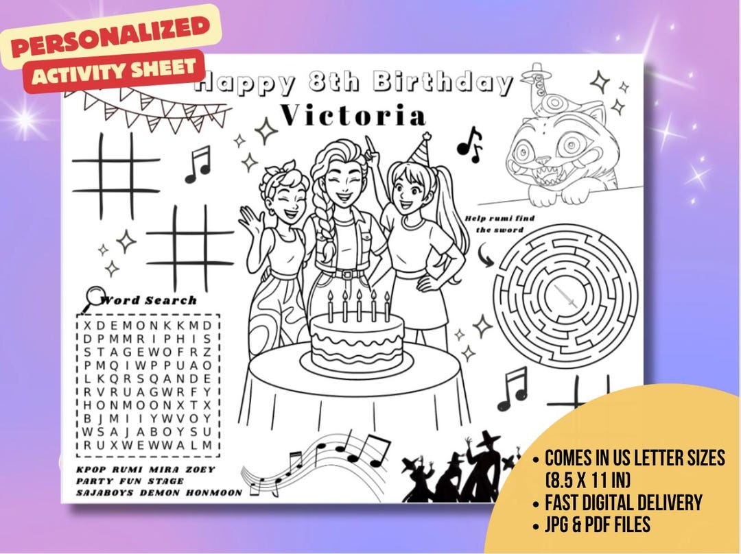 Personalized K-pop Demon Hunter Birthday Activity Sheet • Huntrix Girls ...