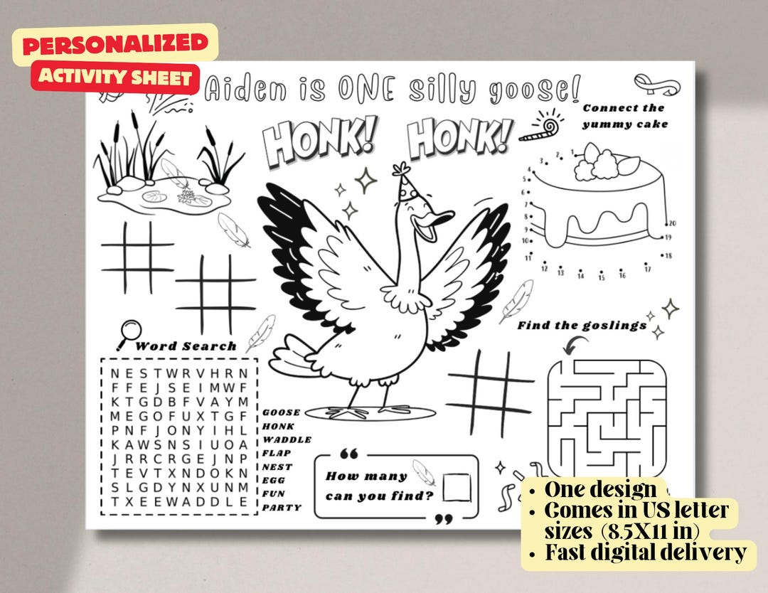 Silly Goose Birthday Activity Sheet: Personalized Party Games (digital ...
