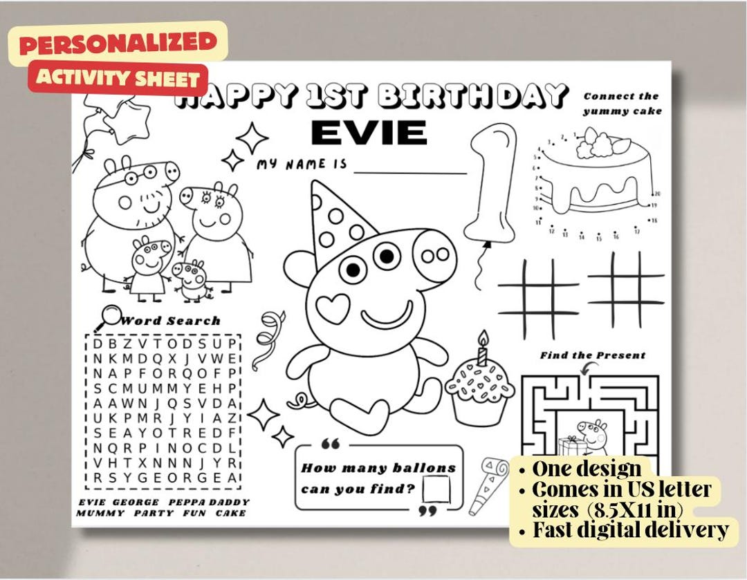 Peppa Pig Evie Birthday Activity Sheet Printable – Fun Party Games for ...