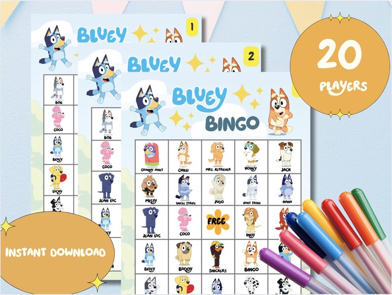 Bluey Birthday Bingo Game Printable – Party Game for 20 Players ...