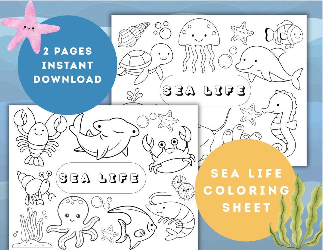 Sea Life Coloring Pages for Kids | 2 Printable Ocean Animal Sheets ...