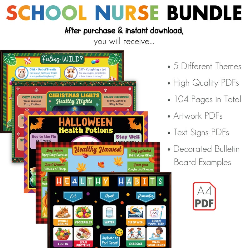 School Nurse Bulletin Board Kit Bundle, 5 Health and Wellness Themes ...