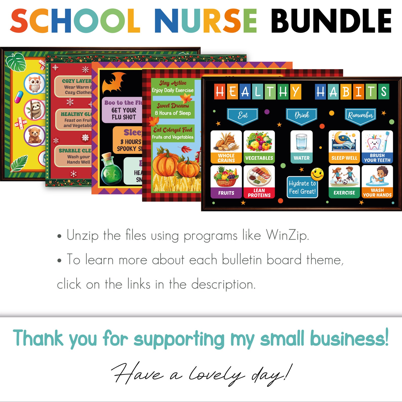 School Nurse Bulletin Board Kit Bundle, 5 Health and Wellness Themes ...