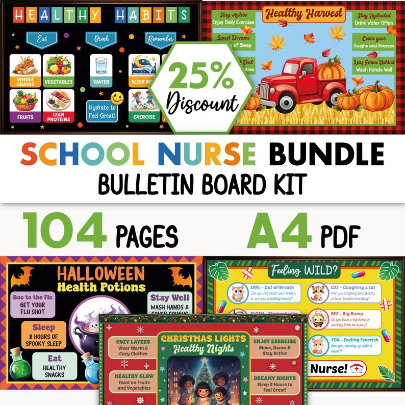 School Nurse Bulletin Board Kit Bundle, 5 Health and Wellness Themes ...
