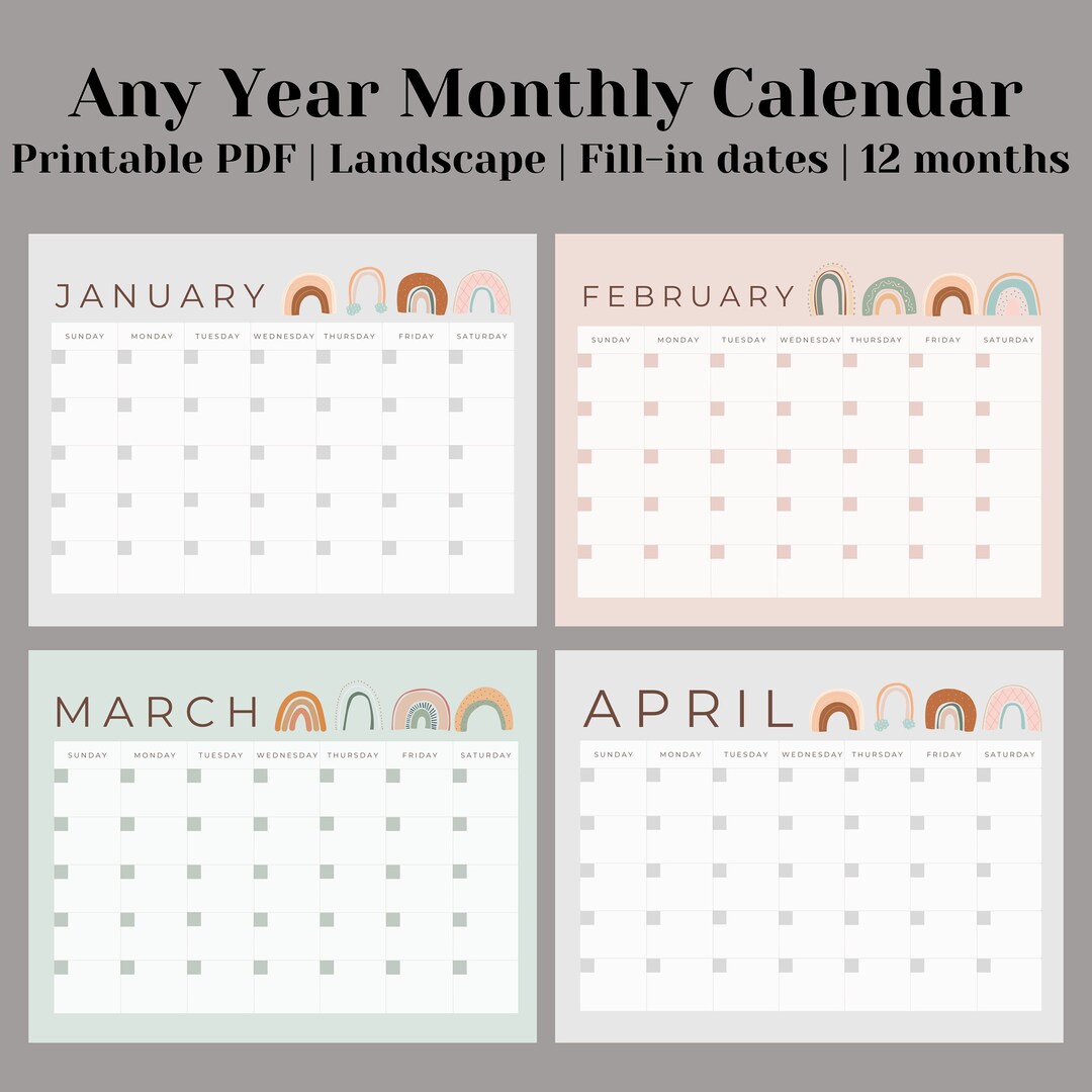 Undated Rainbow Printable Calendar, Monthly Blank Calendar, Monthly ...