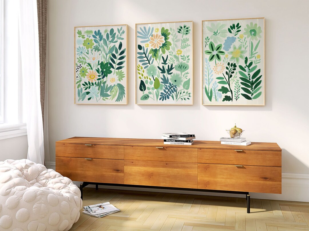 Bundle of 3 Sage Green Floral Art, Matisse Style Flower Wall Poster ...
