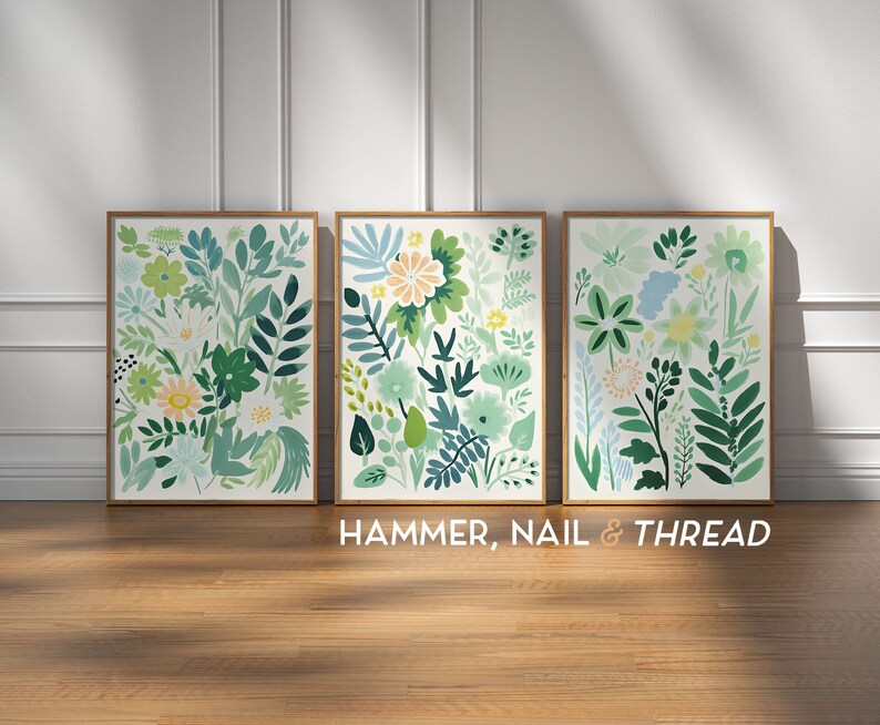 Bundle of 3 Sage Green Floral Art, Matisse Style Flower Wall Poster ...