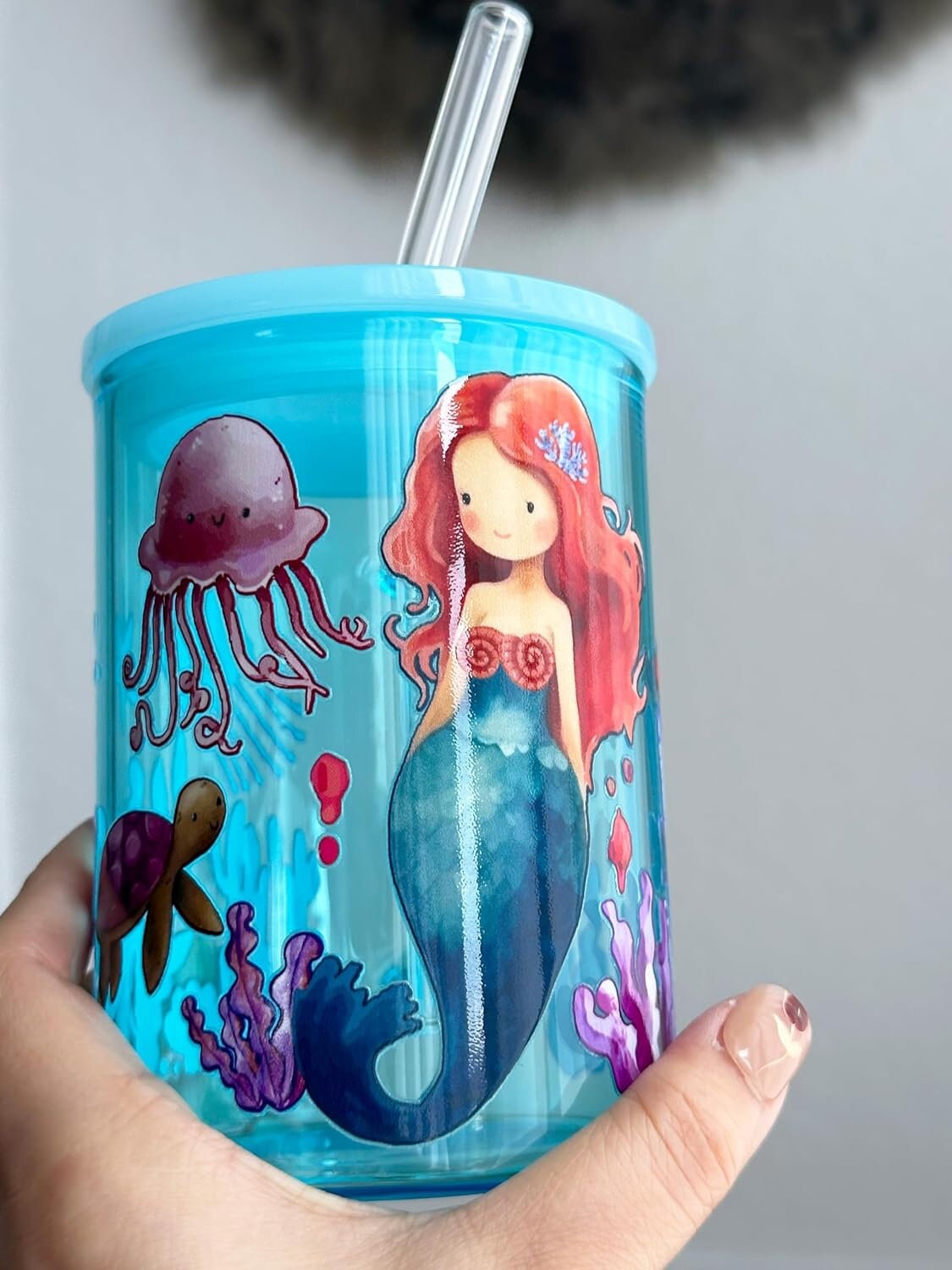 Aqua Mermaid Glass Mug With Lid & Straw - Kawaii Jelly Cup - Etsy