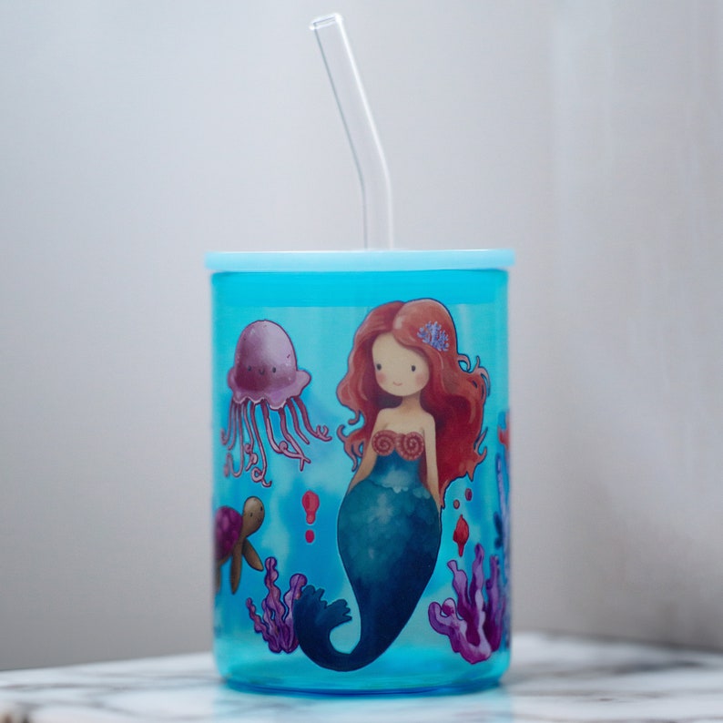 Aqua Mermaid Glass Mug With Lid & Straw - Kawaii Jelly Cup - Etsy