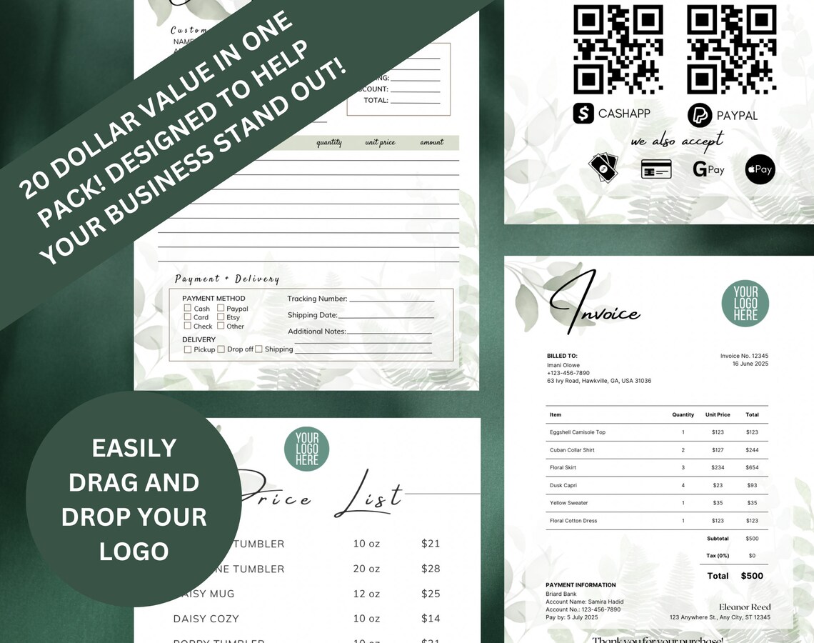 Invoice Template Pack Order Form Template Scan to Pay Template Editable ...