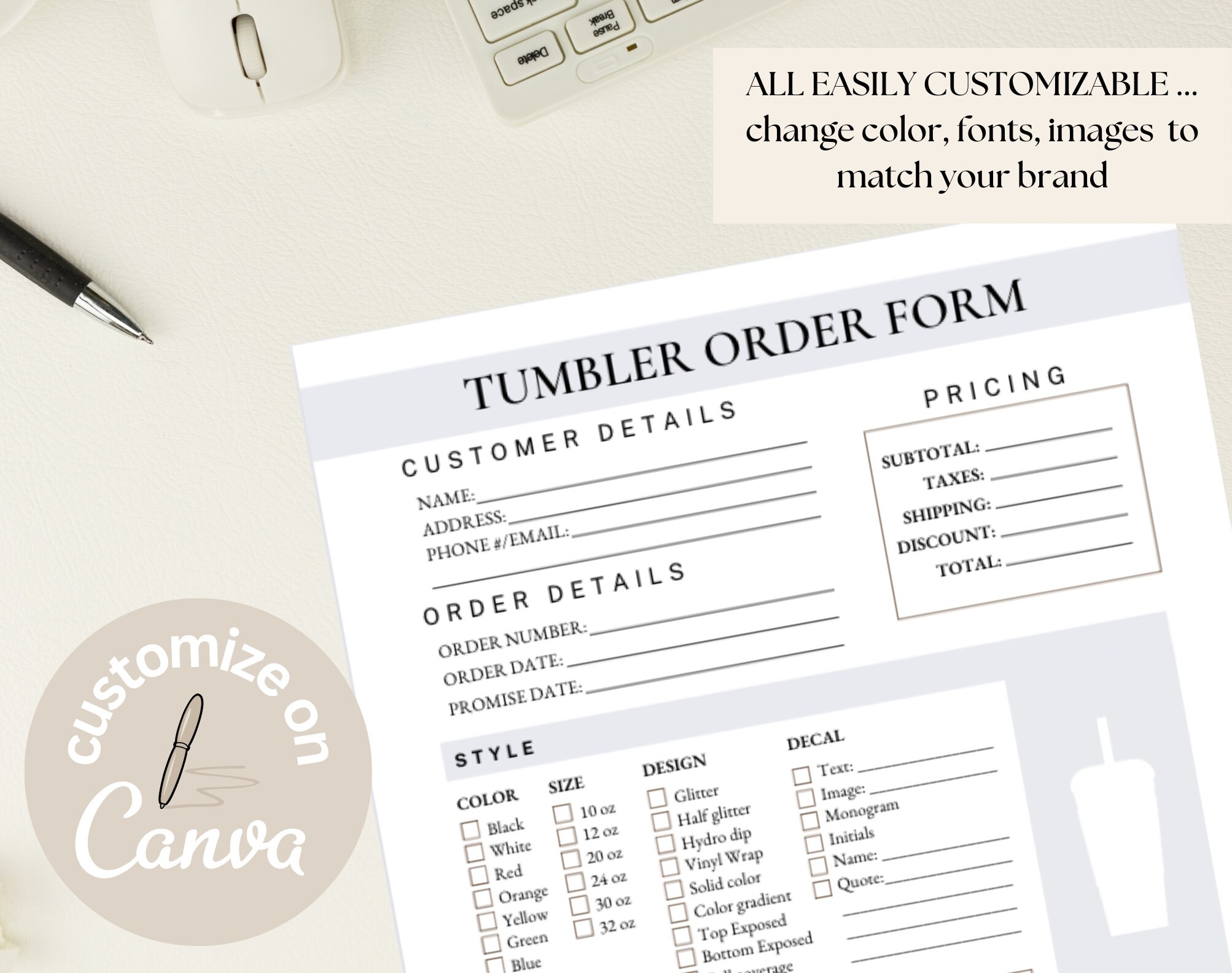 Tumbler Order Form Template Tumbler Order Form Editable Business ...