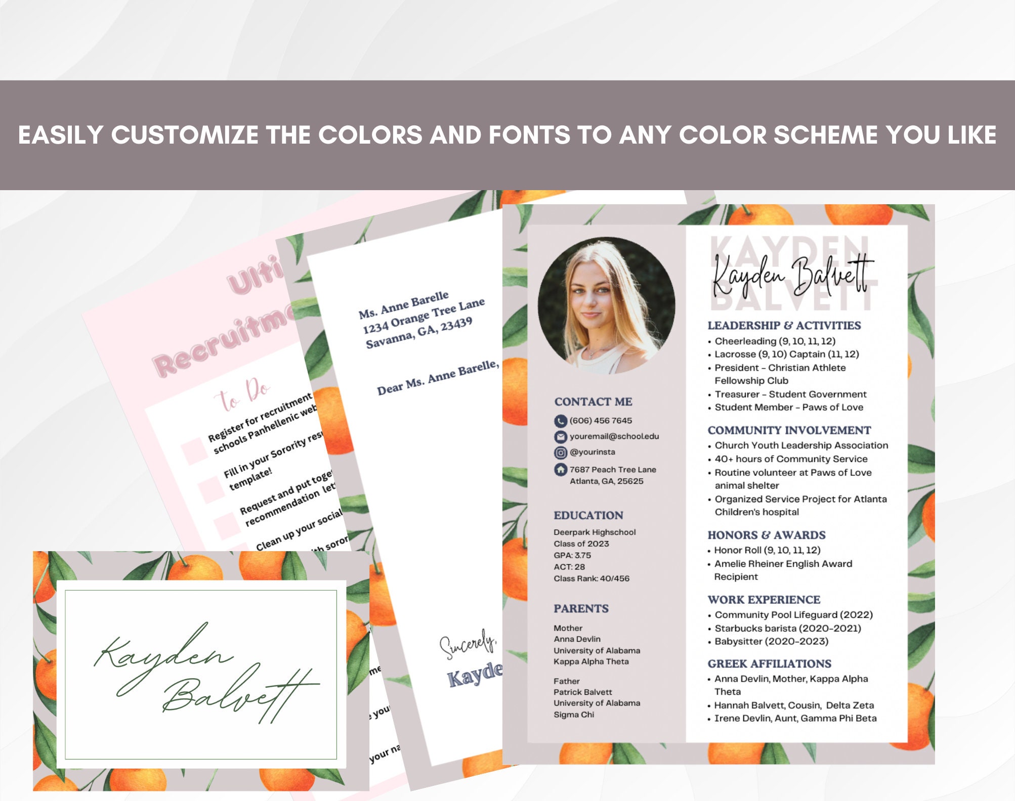 Sorority Resume Template Rush Resume Template Sorority - Etsy