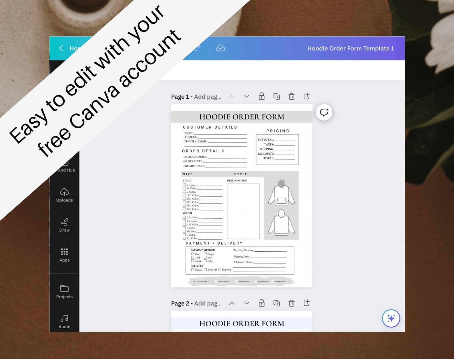 Hoodie Order Form Template Editable Sweatshirt Order Form Editable ...