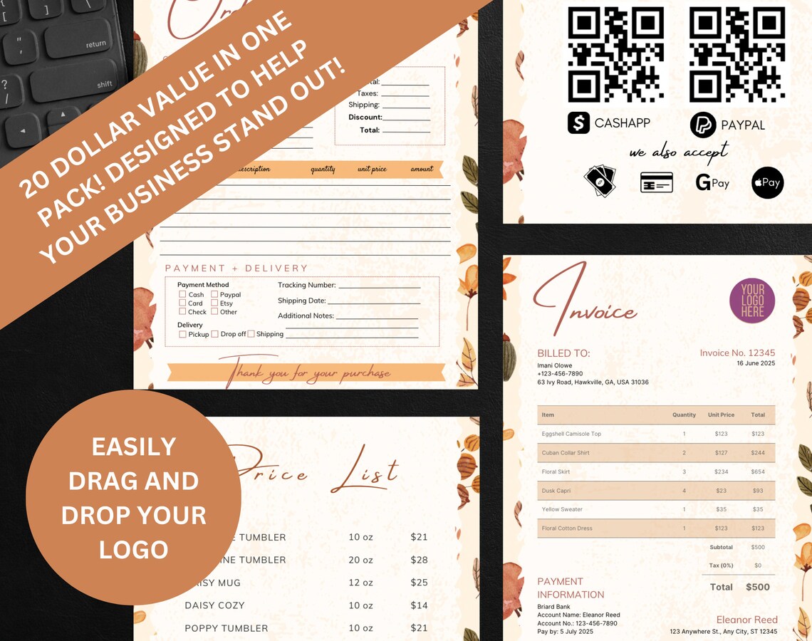 Order Form Template Pack Invoice Template Scan to Pay Template Order ...