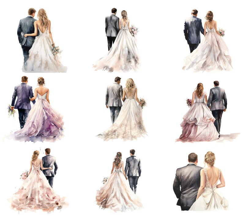 Set of 30, Bride and Groom Back Clipart, Wedding Day Clipart PNG ...