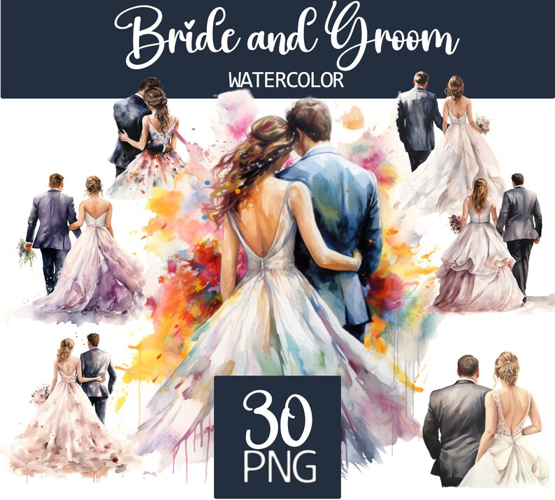 Set of 30, Bride and Groom Back Clipart, Wedding Day Clipart PNG ...