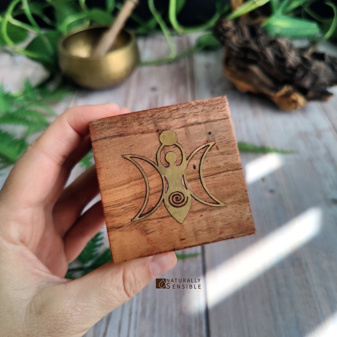 Acacia Wood Box, Velvet Lined, Brass Inlay Storage, Moon Goddess Design ...