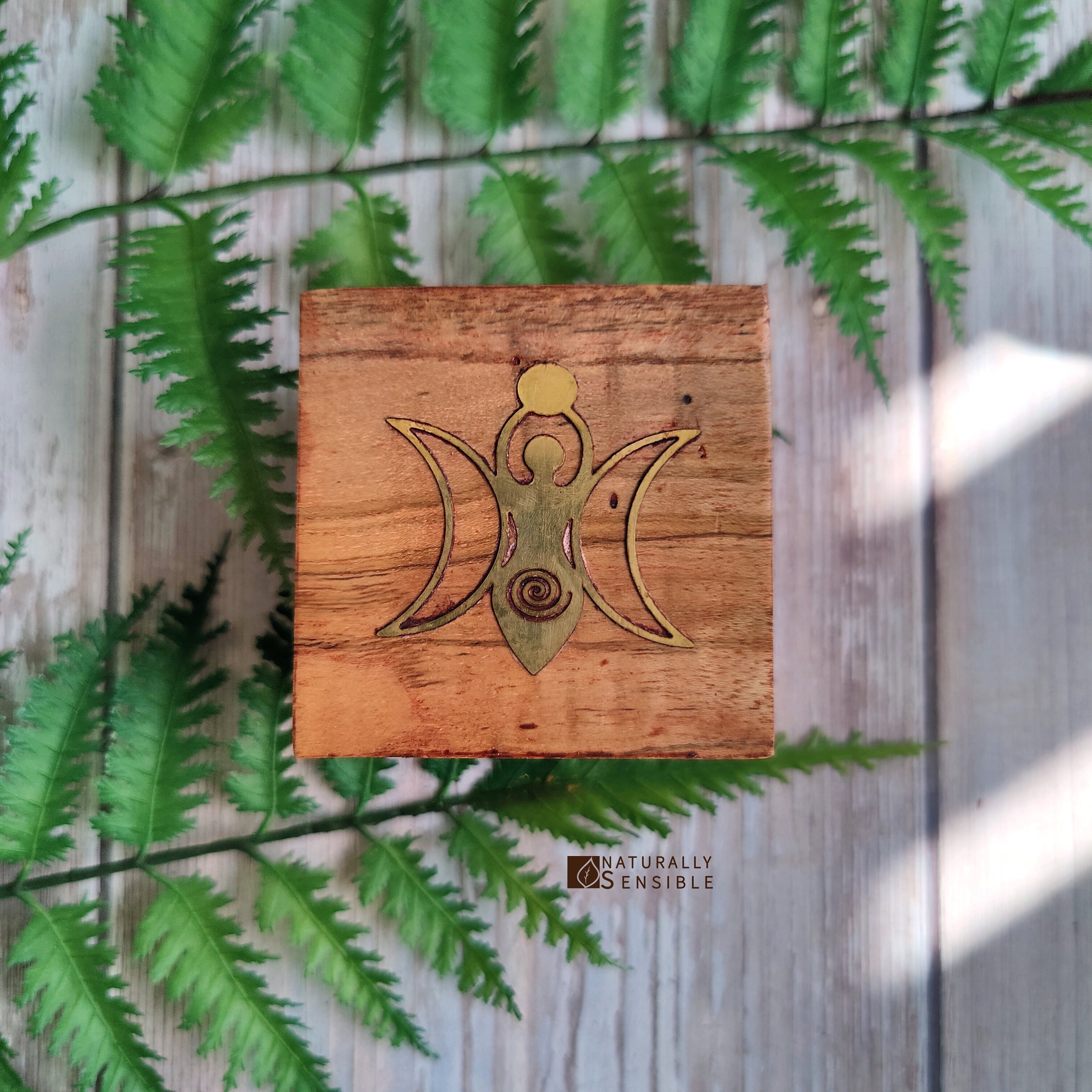 Acacia Wood Box, Velvet Lined, Brass Inlay Storage, Moon Goddess Design ...