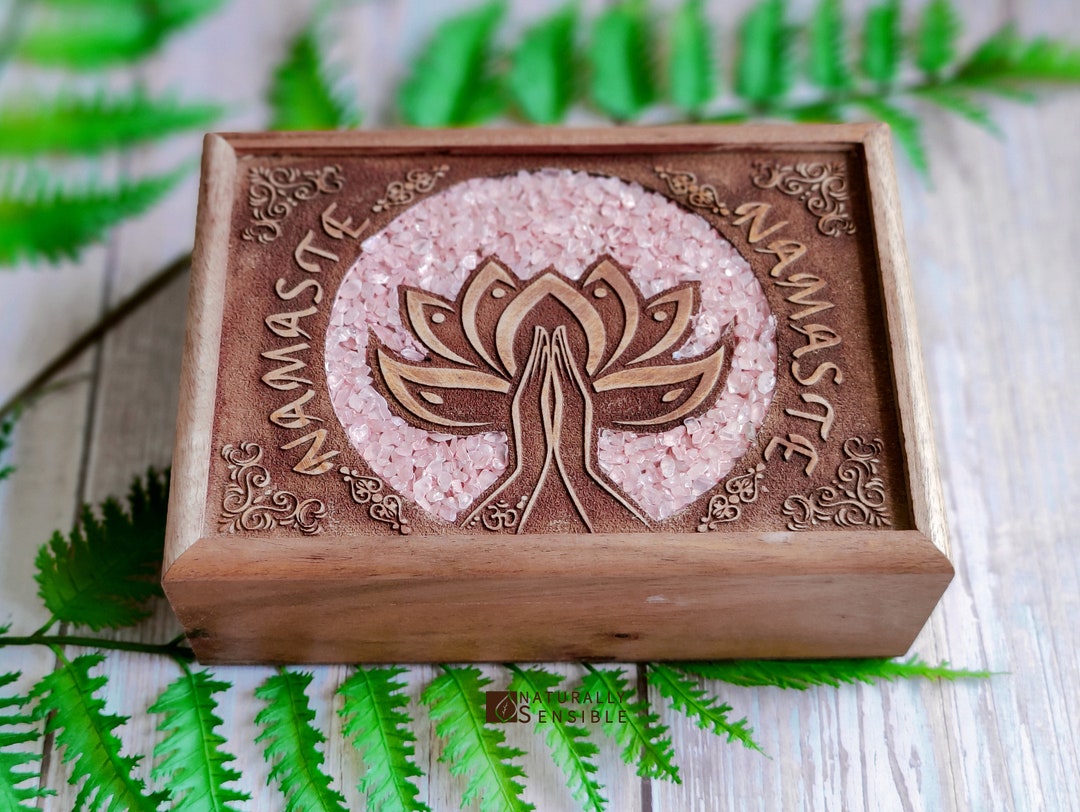 Velvet Lined Box, Laser Etched Namaste, Rose Quartz Inlay, Wooden ...