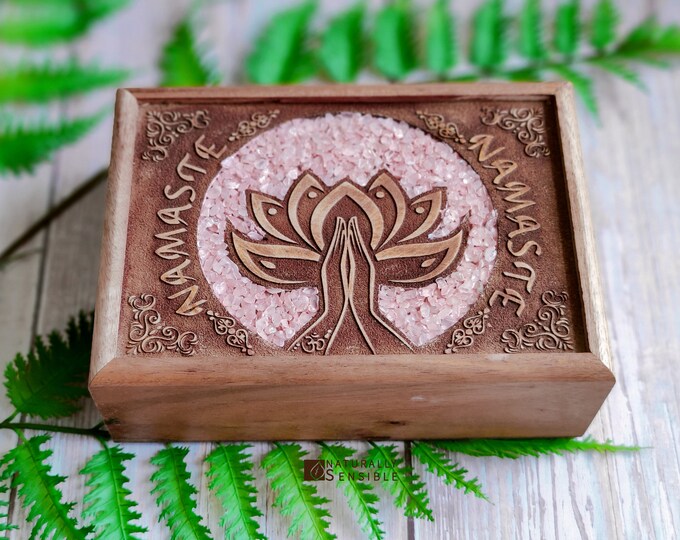 Velvet Lined Box, Laser Etched Namaste, Rose Quartz Inlay, Wooden ...