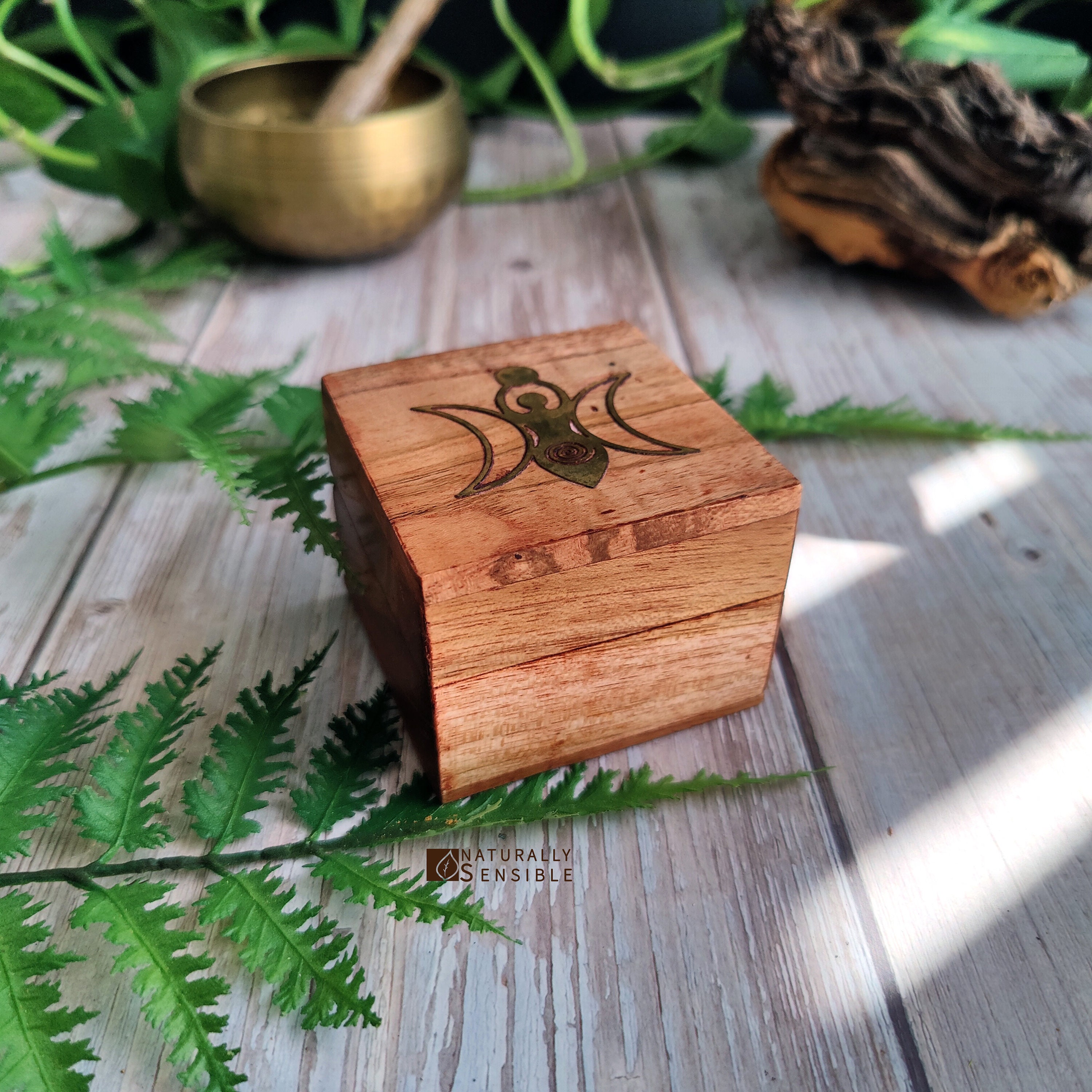 Acacia Wood Box, Velvet Lined, Brass Inlay Storage, Moon Goddess Design ...