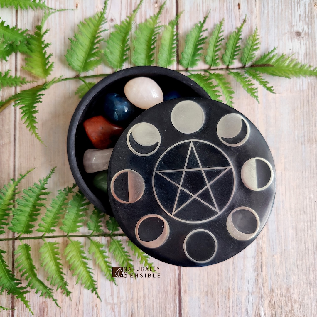 Soapstone Round Box, Silver Inlay Storage, Moon Phases Pentacle ...